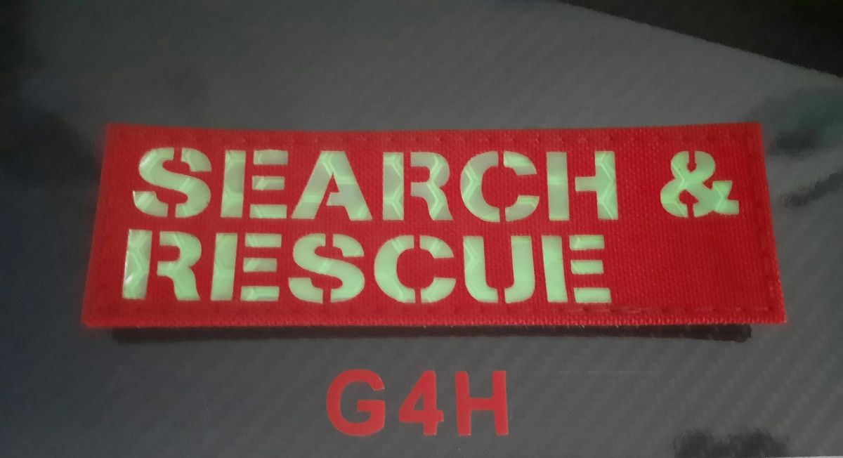 Red laser cut SEARCH & RESCUE velcro patch, with cyflect.
